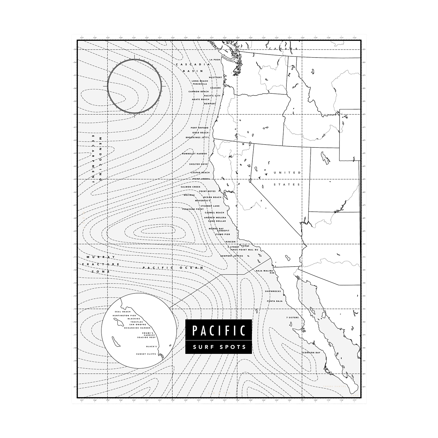 Pacific Surf Spots | Poster (B/W) – Almond Surfboards & Designs